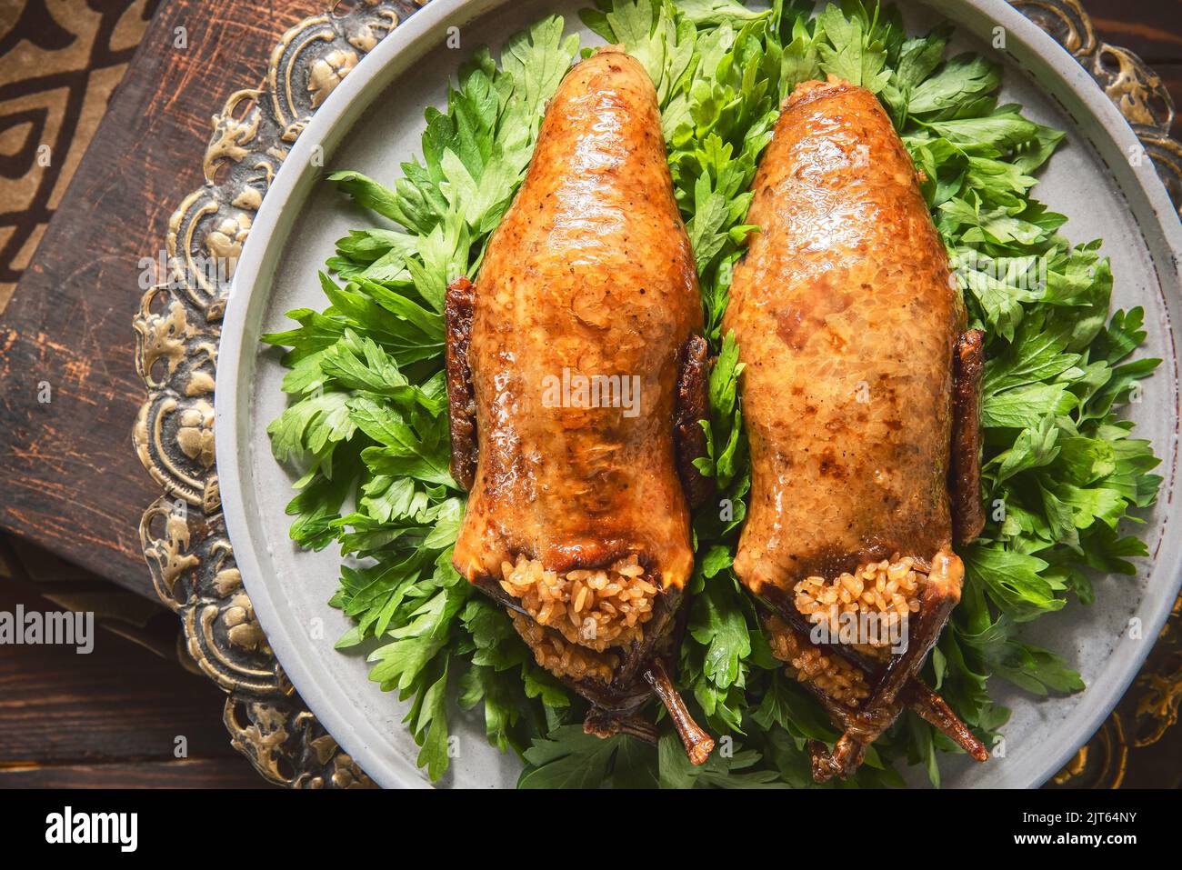 Arabic Cuisine; Egyptian traditional stuffed pigeon or "Hamam Mahshi ...