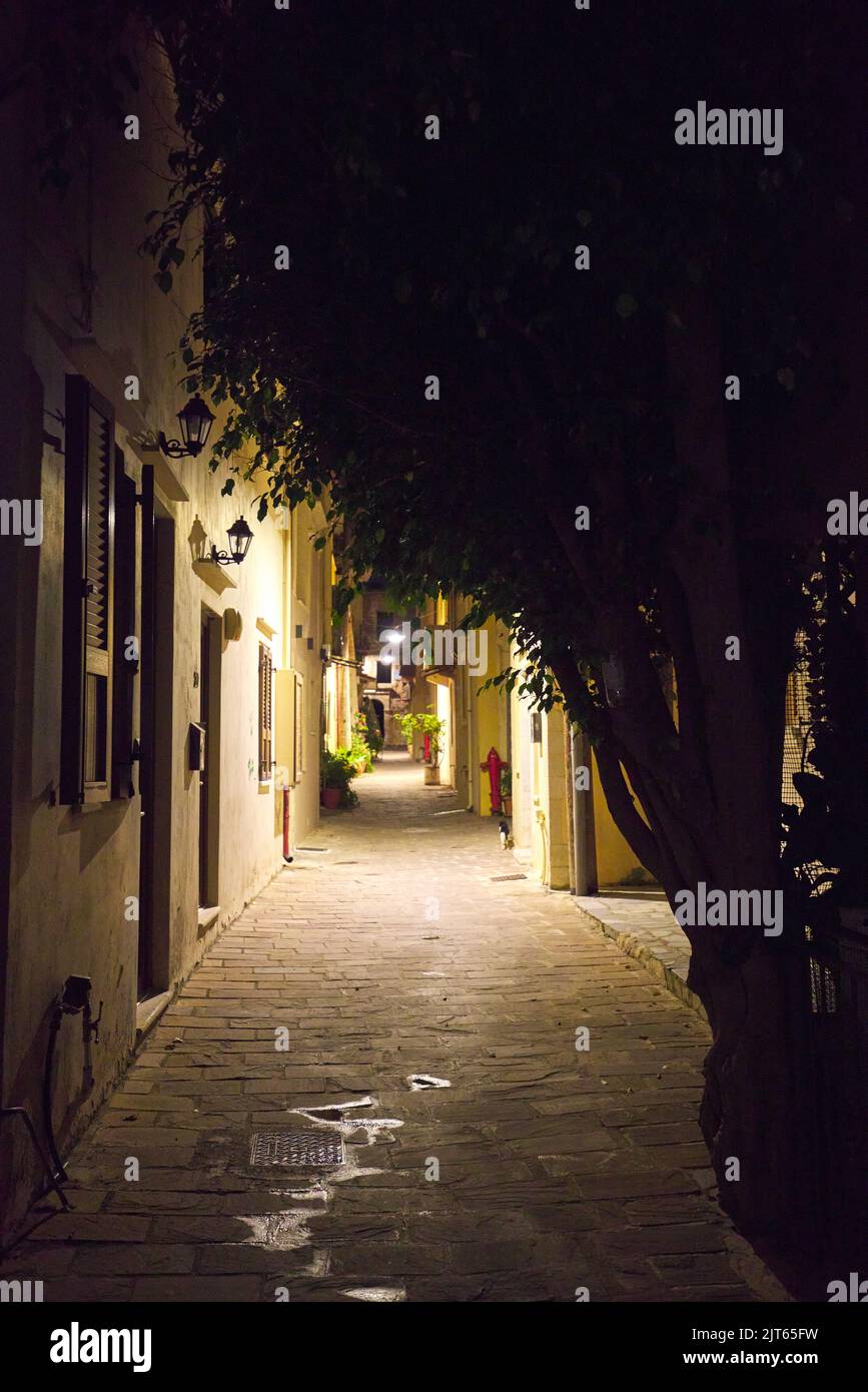 Old town street at night in Chania Crete - Greece Stock Photo - Alamy