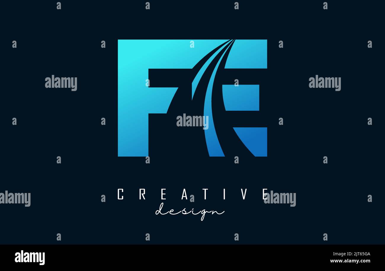 Creative blue letter FE f e logo with leading lines and road concept ...