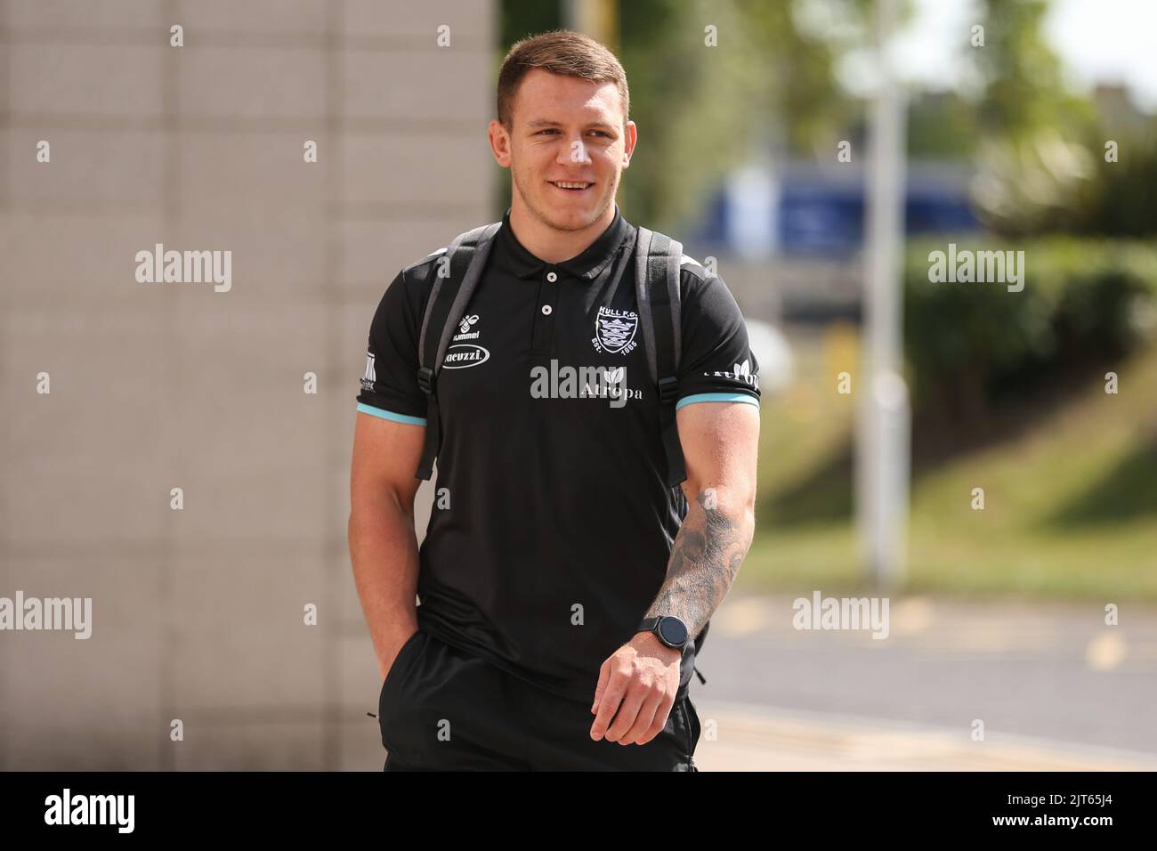 Jordan Lane #13 of Hull FC arrives at the MKM Stadium ahead of his ...