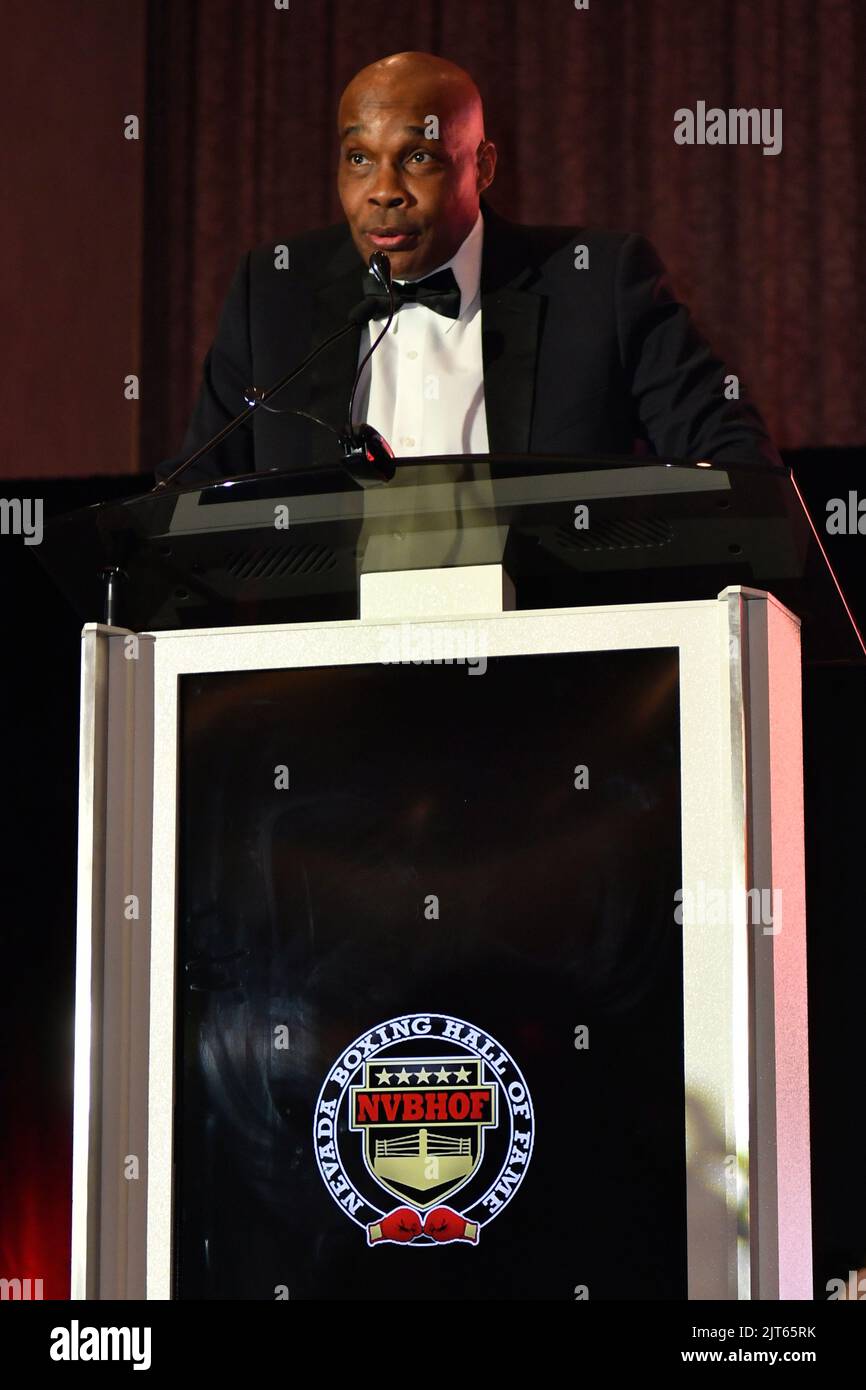 Las Vegas, NV, USA. 27th Aug, 2022. Michael Nunn speaking at the ...