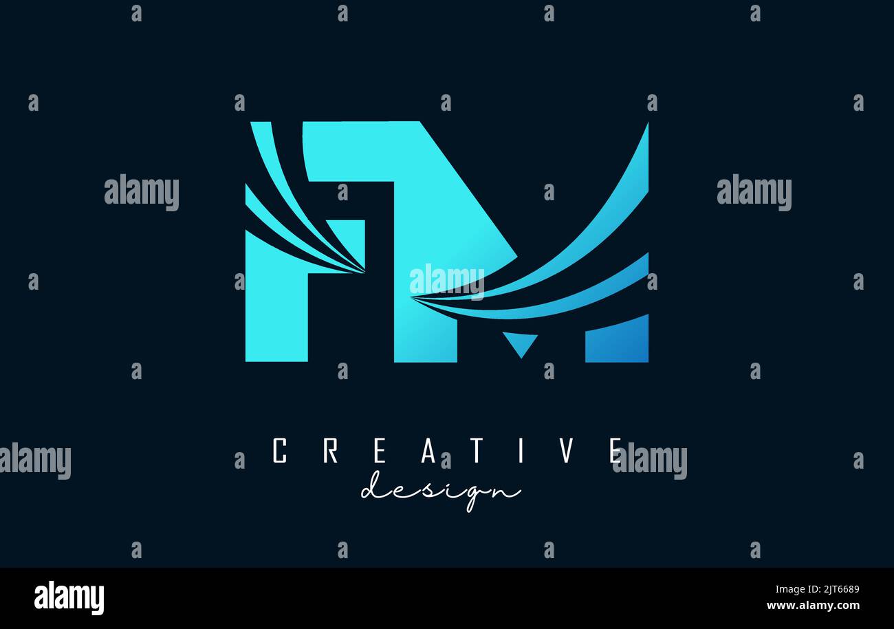 Creative blue letter FM f m logo with leading lines and road concept ...
