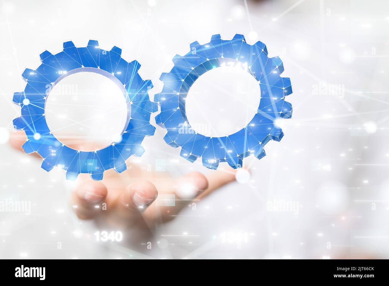 A 3D illustration of gears on a hand- mechanism and strategy concept ...