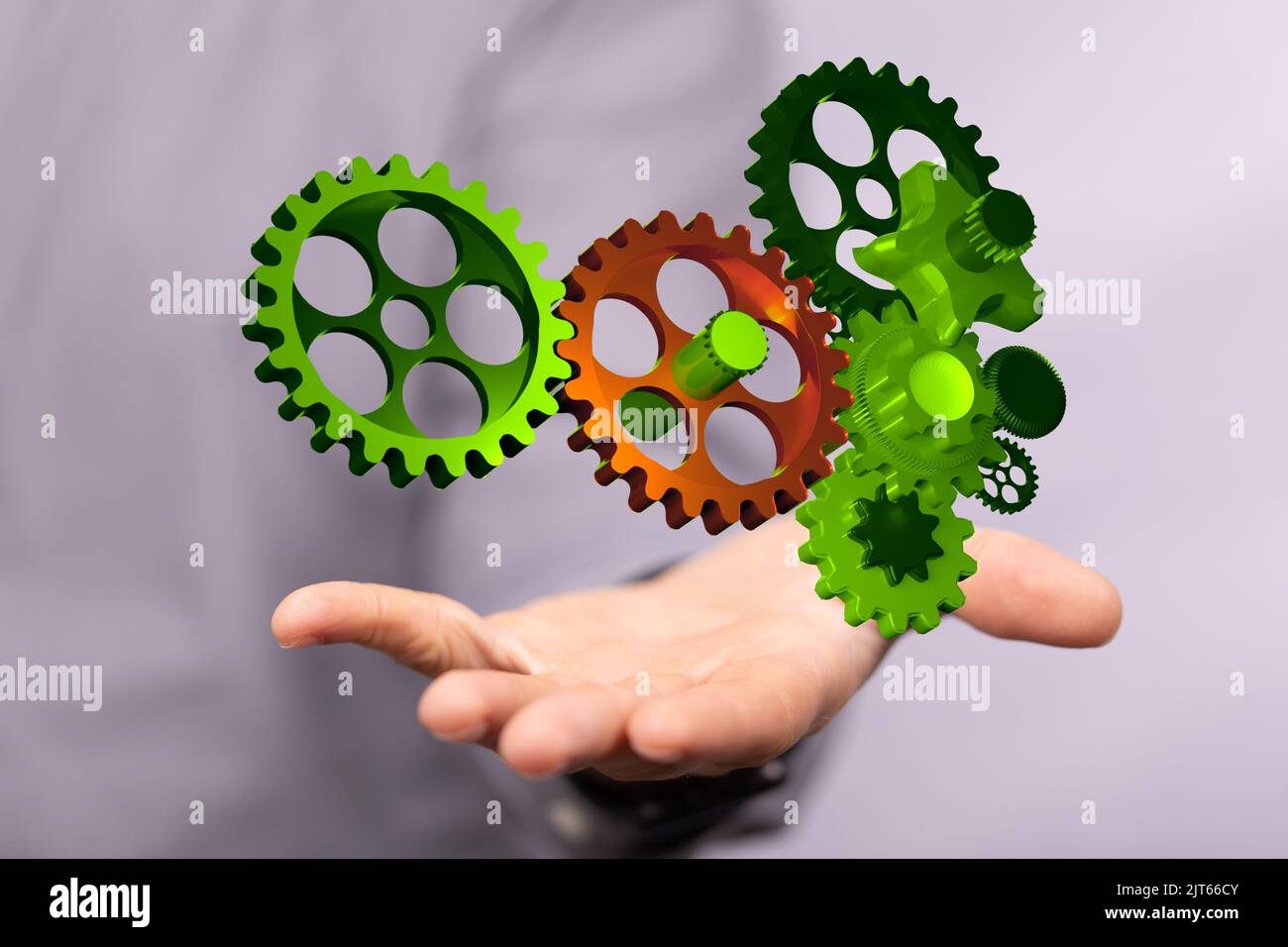 A 3D illustration of gears on a hand- mechanism and strategy concept ...