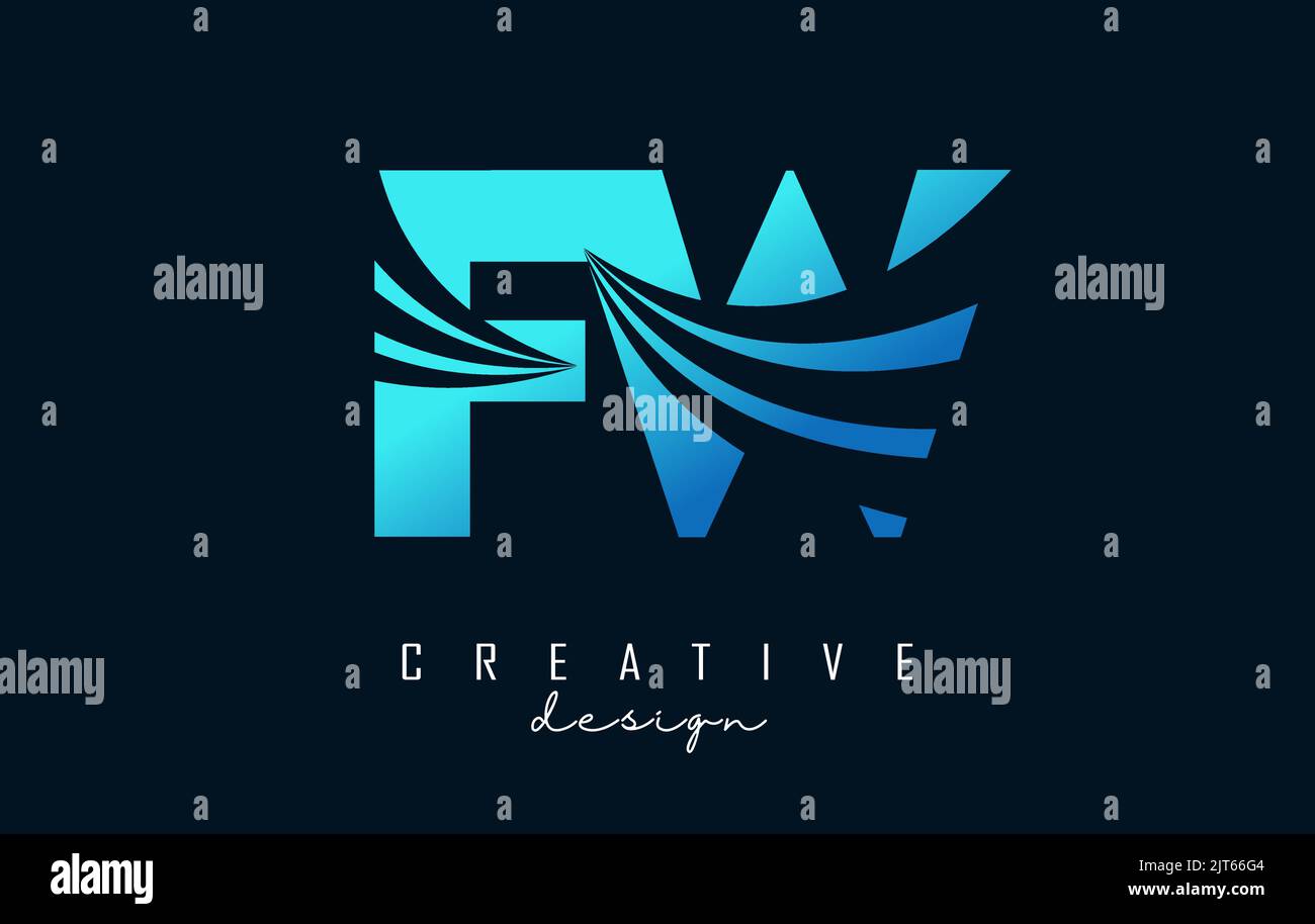 Creative blue letter FW f w logo with leading lines and road concept ...