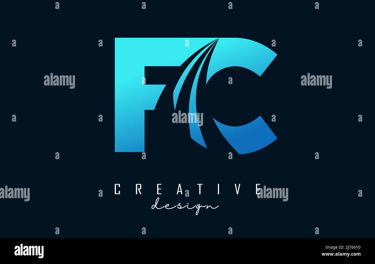 Creative blue letter FC f c logo with leading lines and road concept ...