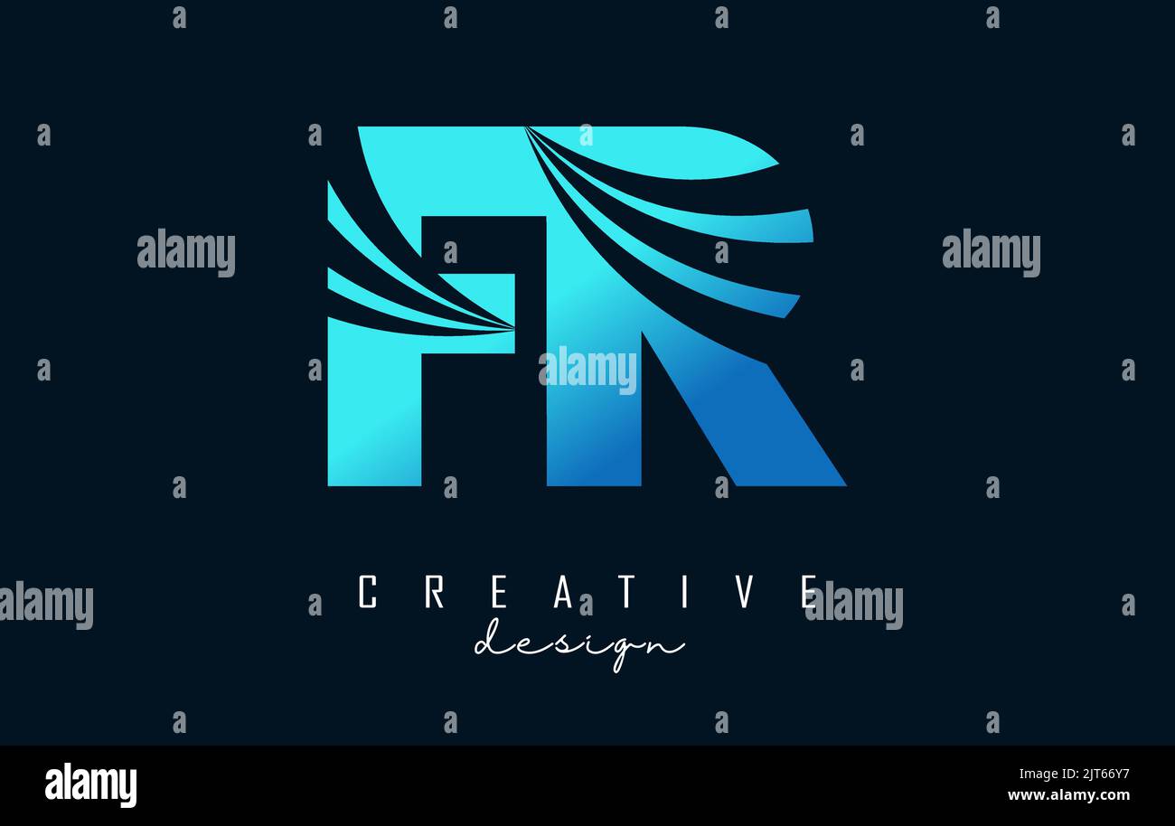 Creative blue letter FR f r logo with leading lines and road concept ...