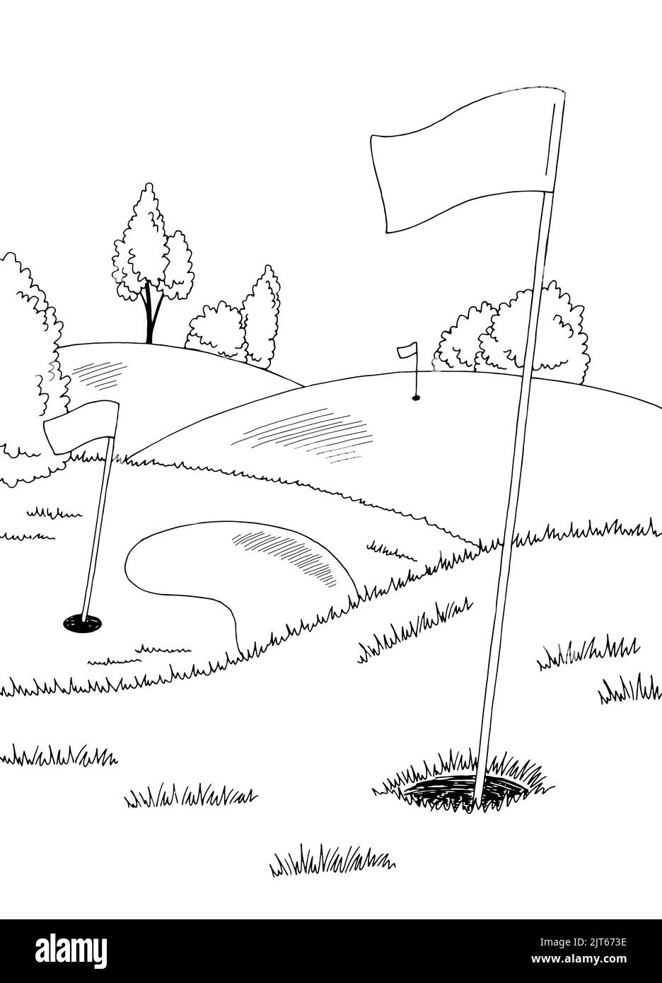 Golf course graphic art black white landscape sketch vertical ...