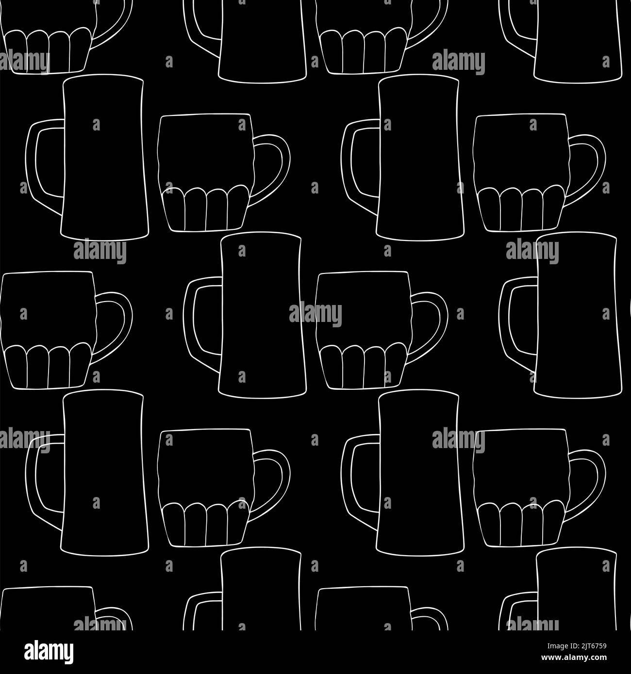 Seamless pattern with illustration mugs of beer in line art on black ...