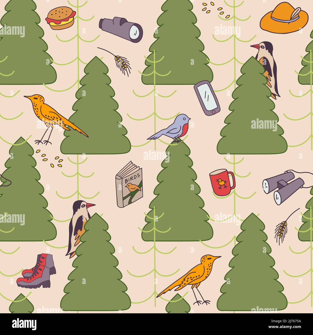 Birding seamless pattern. Birds and birdwatcher equipment on forest ...