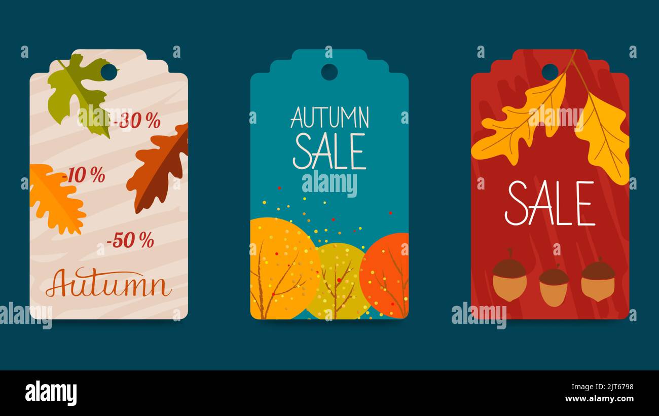 Set of abstract autumn gift tags. Leaves, berries,trees,shapes, strokes ...