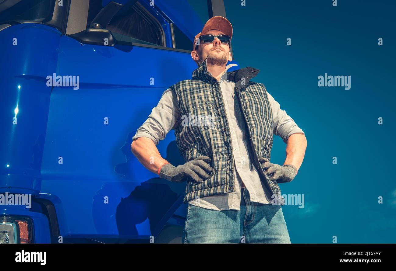Proud Caucasian Semi Truck Driver in His 40s in Front of His Modern ...