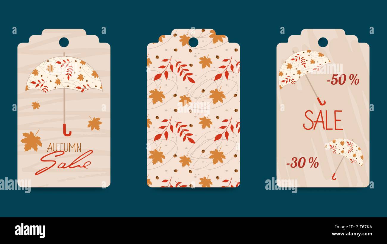 Set of abstract autumn gift tags. Umbrellas, leaves, strokes, isolated ...