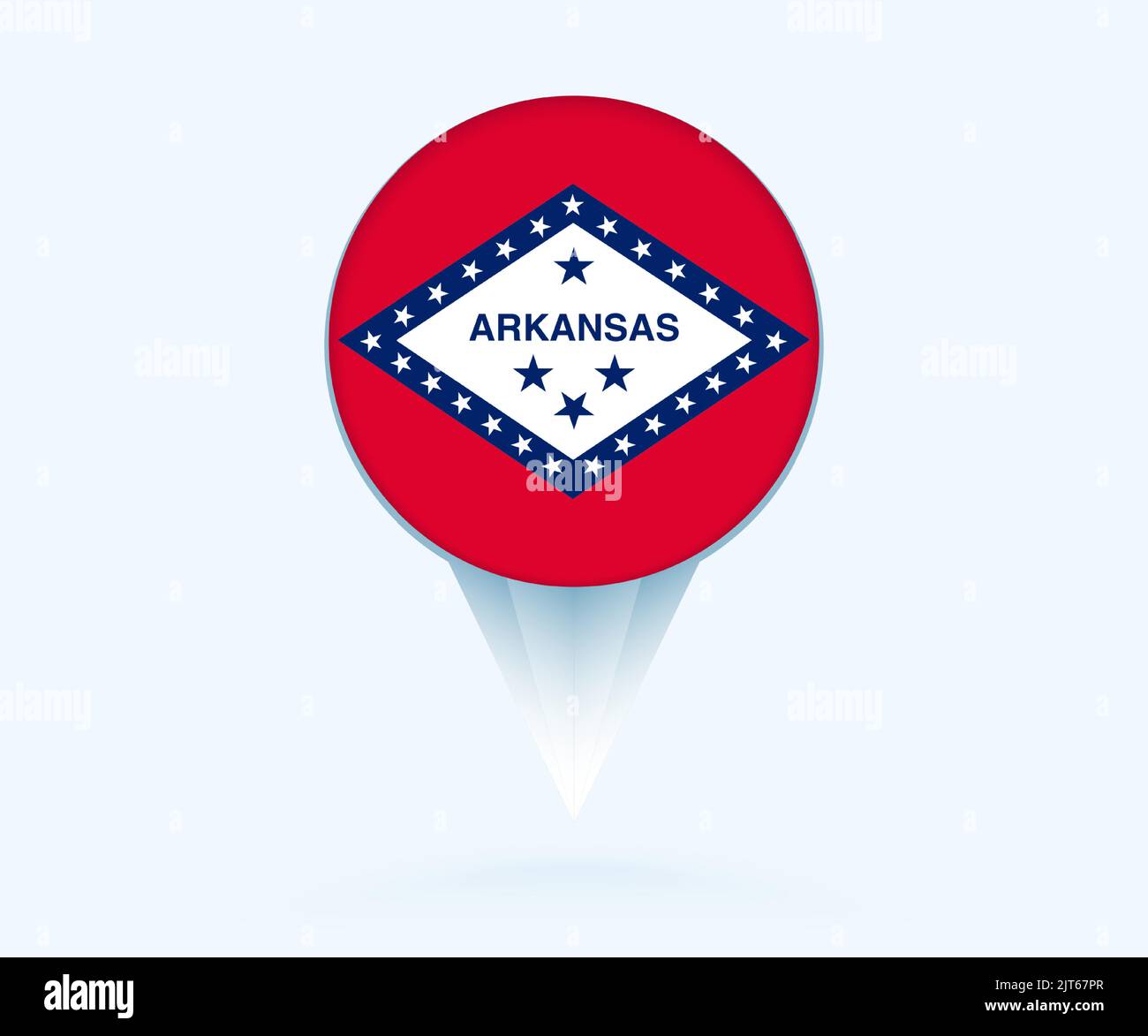 Map pointer with flag of Arkansas. Vector flag sign on blue background ...