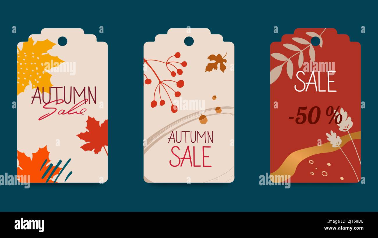 Set of abstract autumn gift tags. Leaves, berries shapes, strokes ...