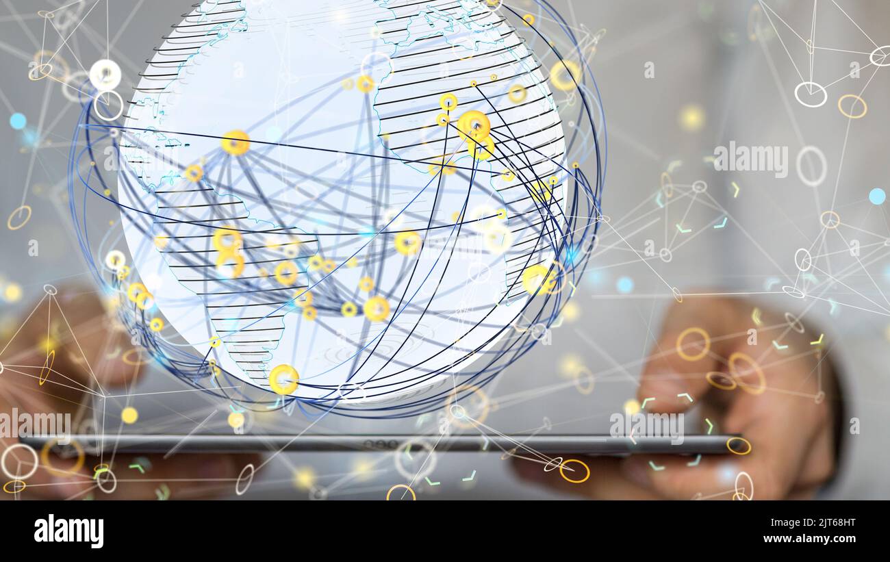 A 3D illustration of a globe on a pad - digital networking and data ...