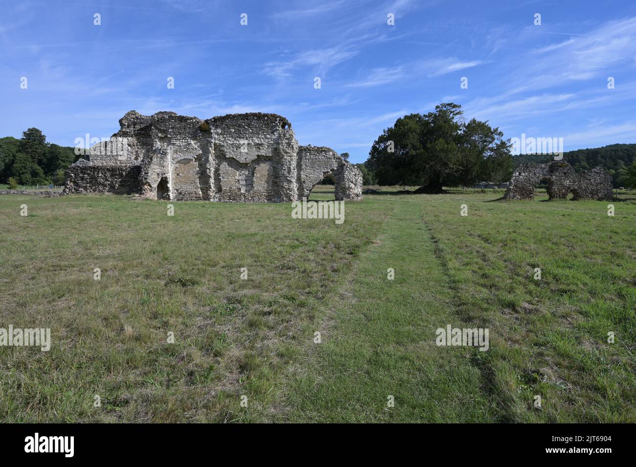 The stone walls of the ruins of a Norman abbey in the UK Stock Photo ...