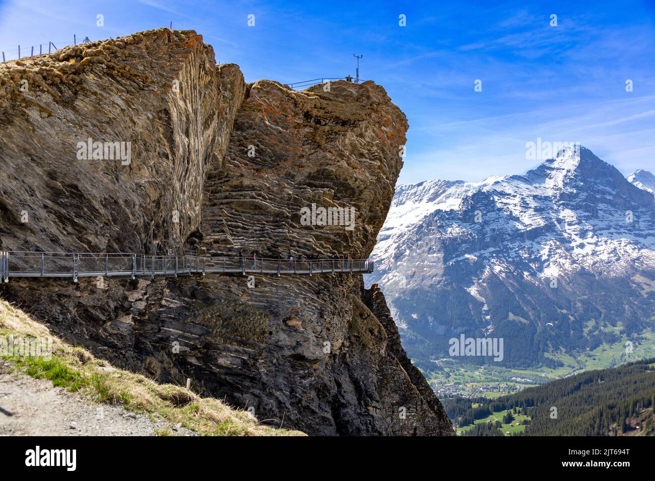 Walkway suspended from a rocky mountainside at First mountain near ...
