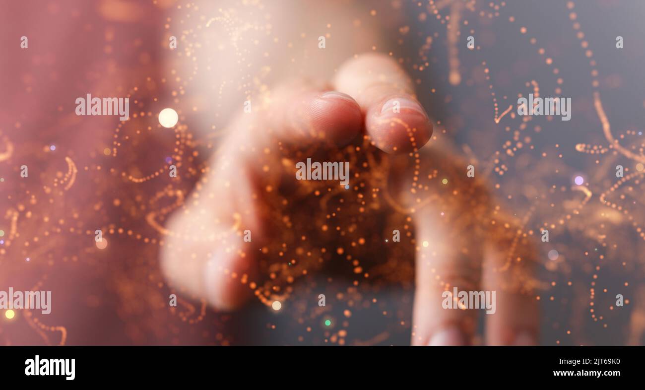 A female hand touching network lines- communication and networking ...