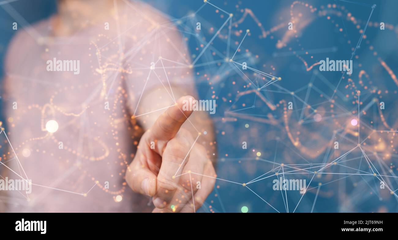 A female hand touching network lines- communication and networking ...