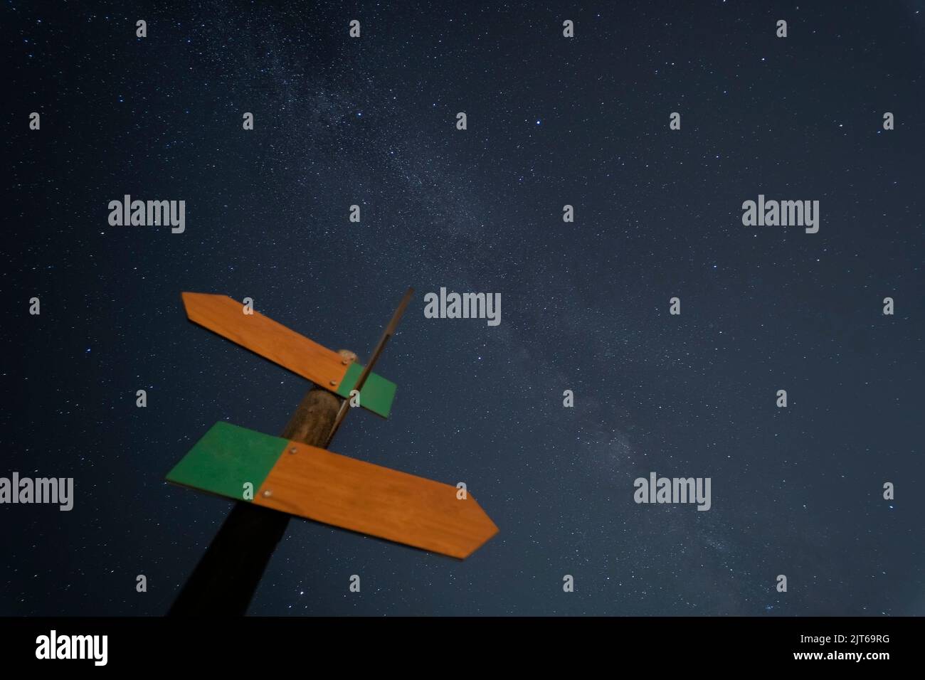 Directional signs with a starry background showing the milky way Stock ...