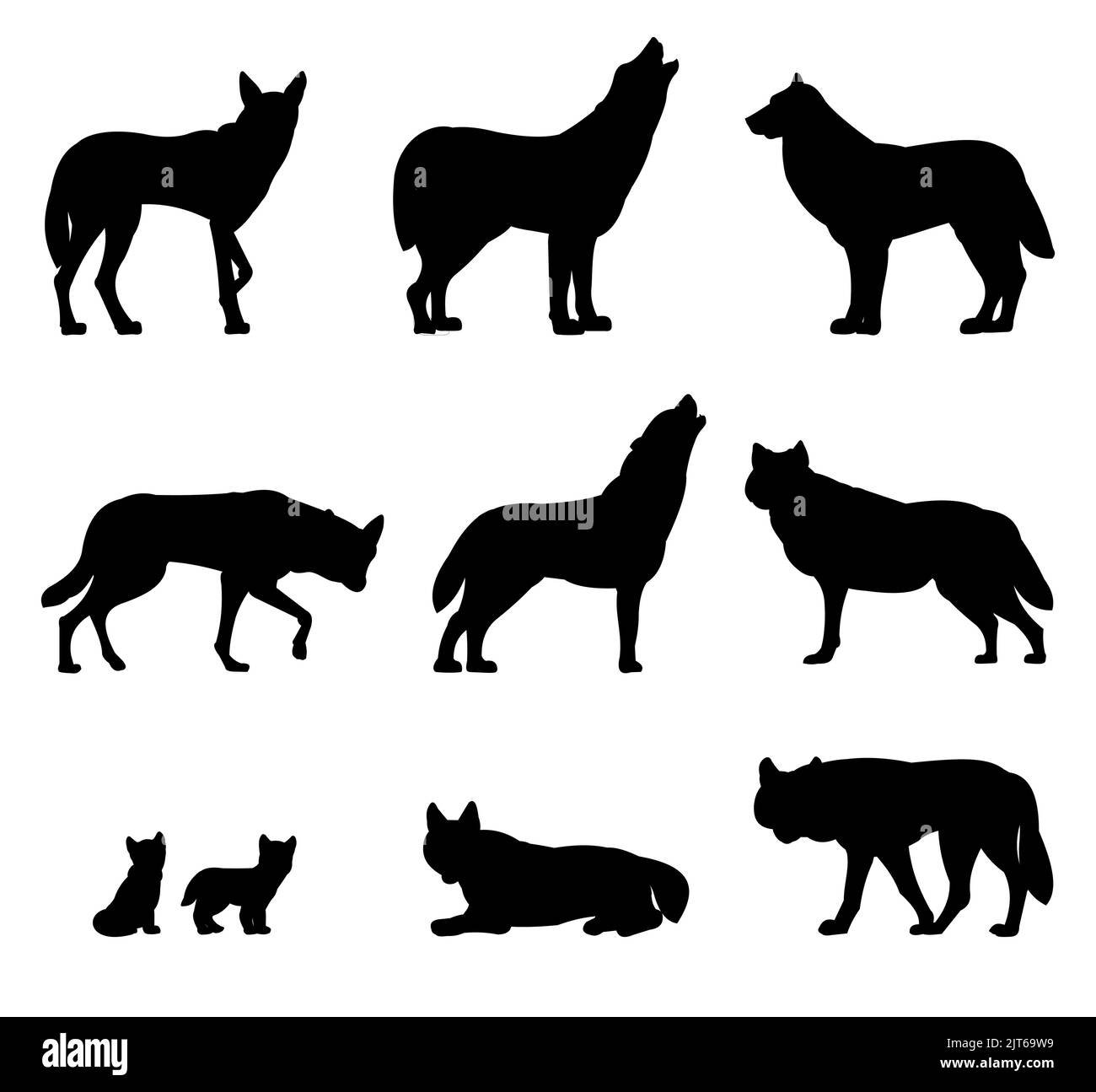 Set of silhouettes of wolves.flock. Silhouette picture. Wild animal in ...