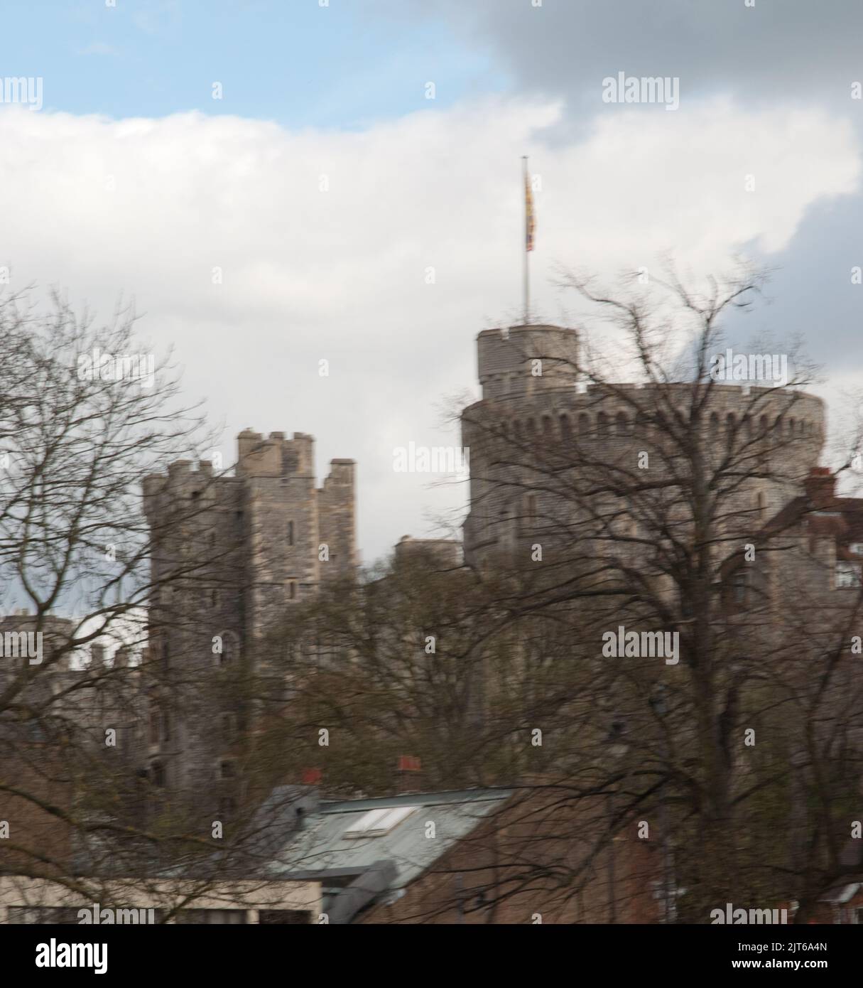 Windsor Castle with Queen's Standard, Windsor, Berkshire, UK. Work on ...