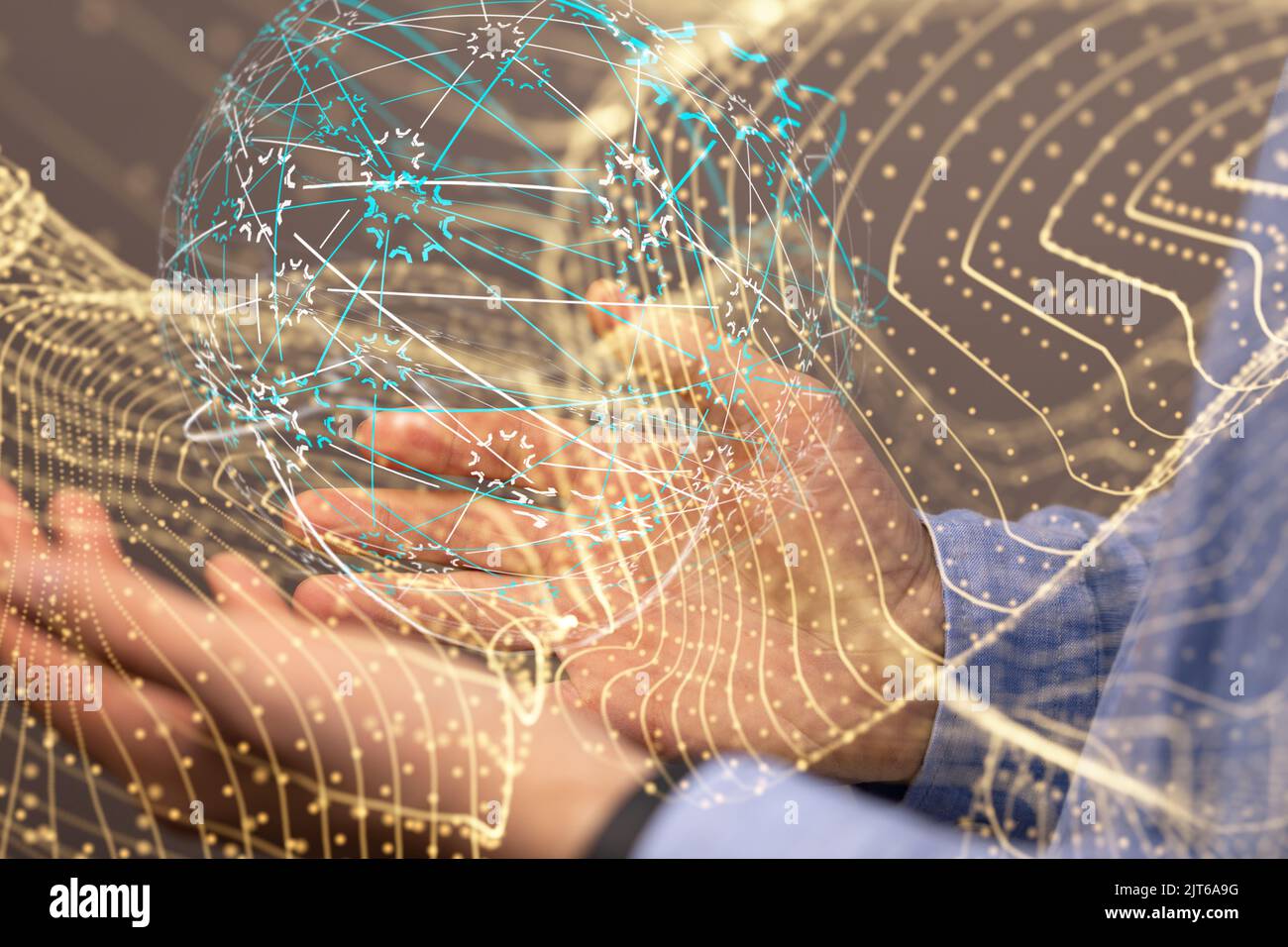 A businessman presenting the 3D rendered cyberspace network Stock Photo ...
