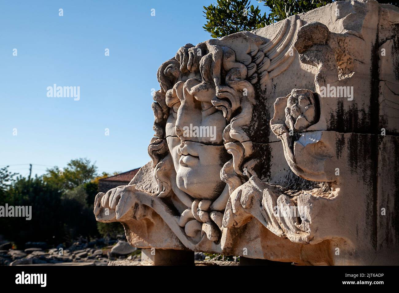 A stone-carved Medusa head from Didyma, an ancient Greek sanctuary on ...