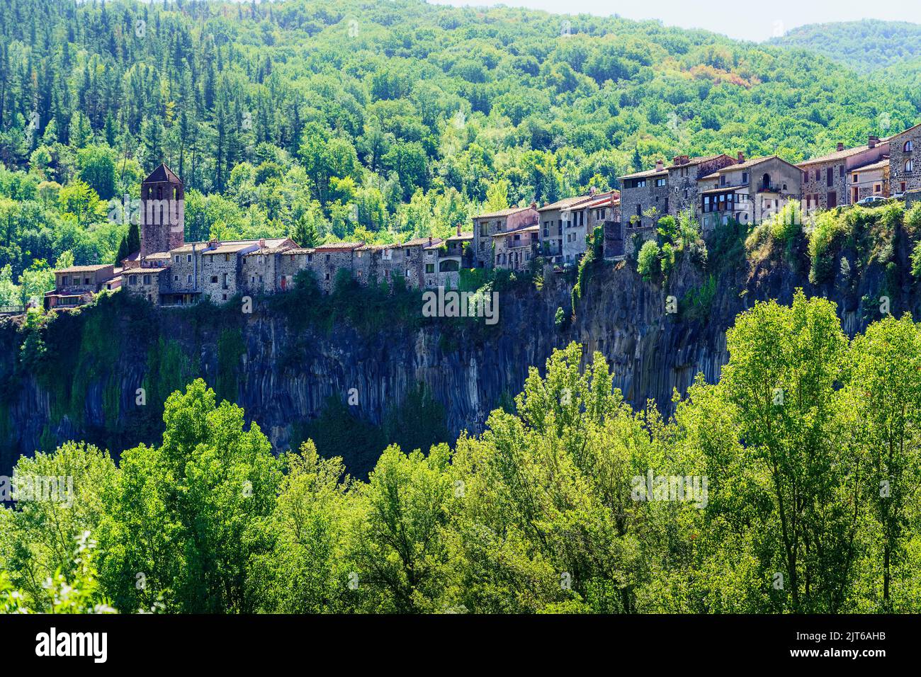 view of the rock that supports the medieval village of Castellfollit de ...