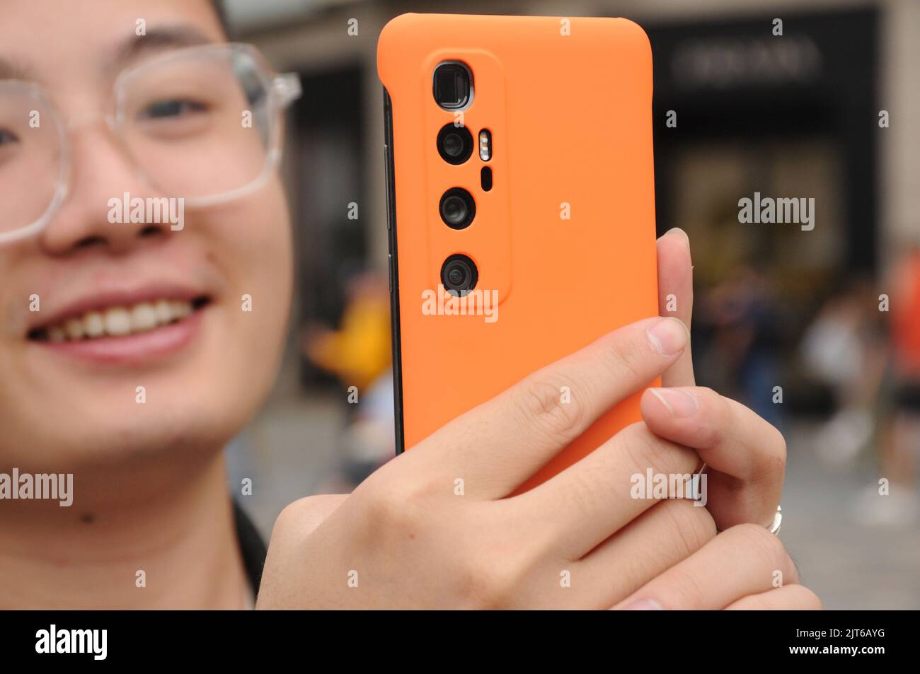 Copenhagen /Denmark/28 August 2022/ People use cellphones iphone or ...