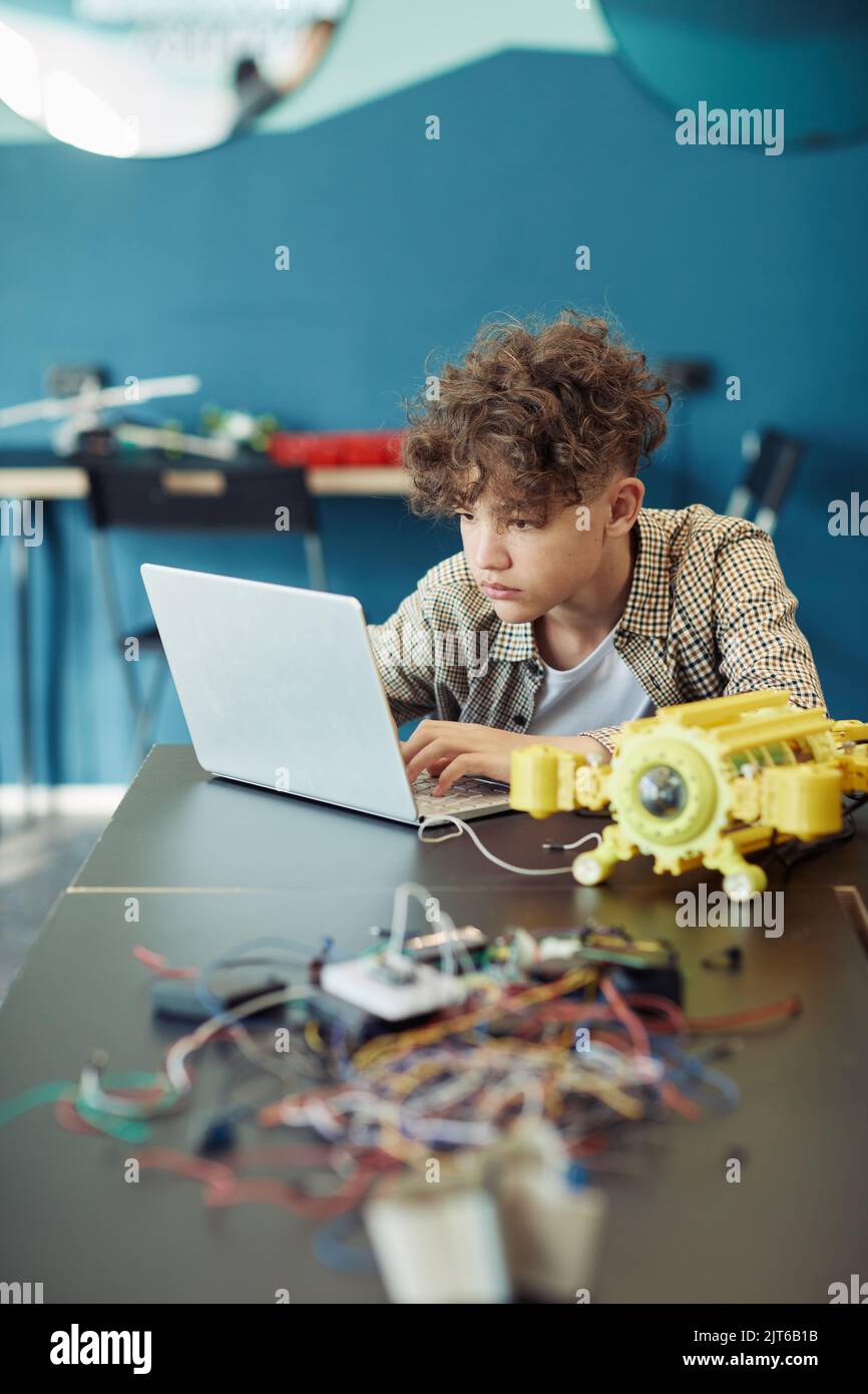 Vertical portrait of young curly haired boy using laptop in school ...
