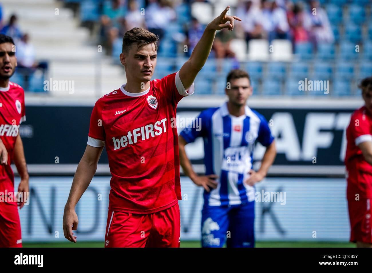 GENT, BELGIUM - AUGUST 28: Pieter Gerkens of Royal Antwerp FC gestures ...