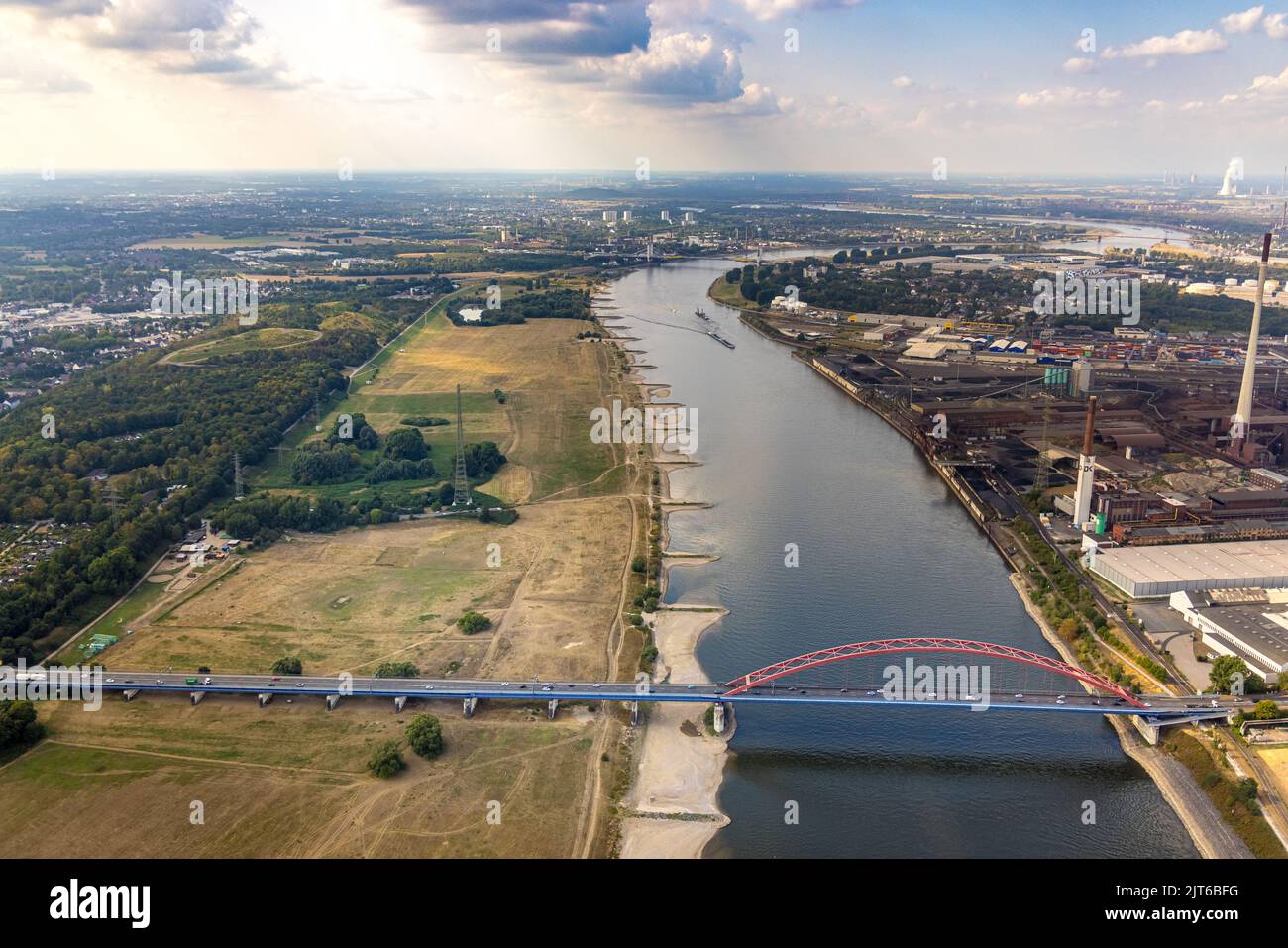 Aerial view, low water of the Rhine with the bridge of solidarity and ...