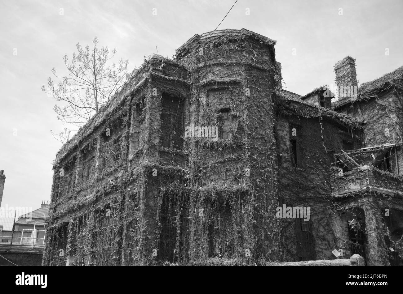The old disrepair house in the neighborhood of the town, grayscale ...