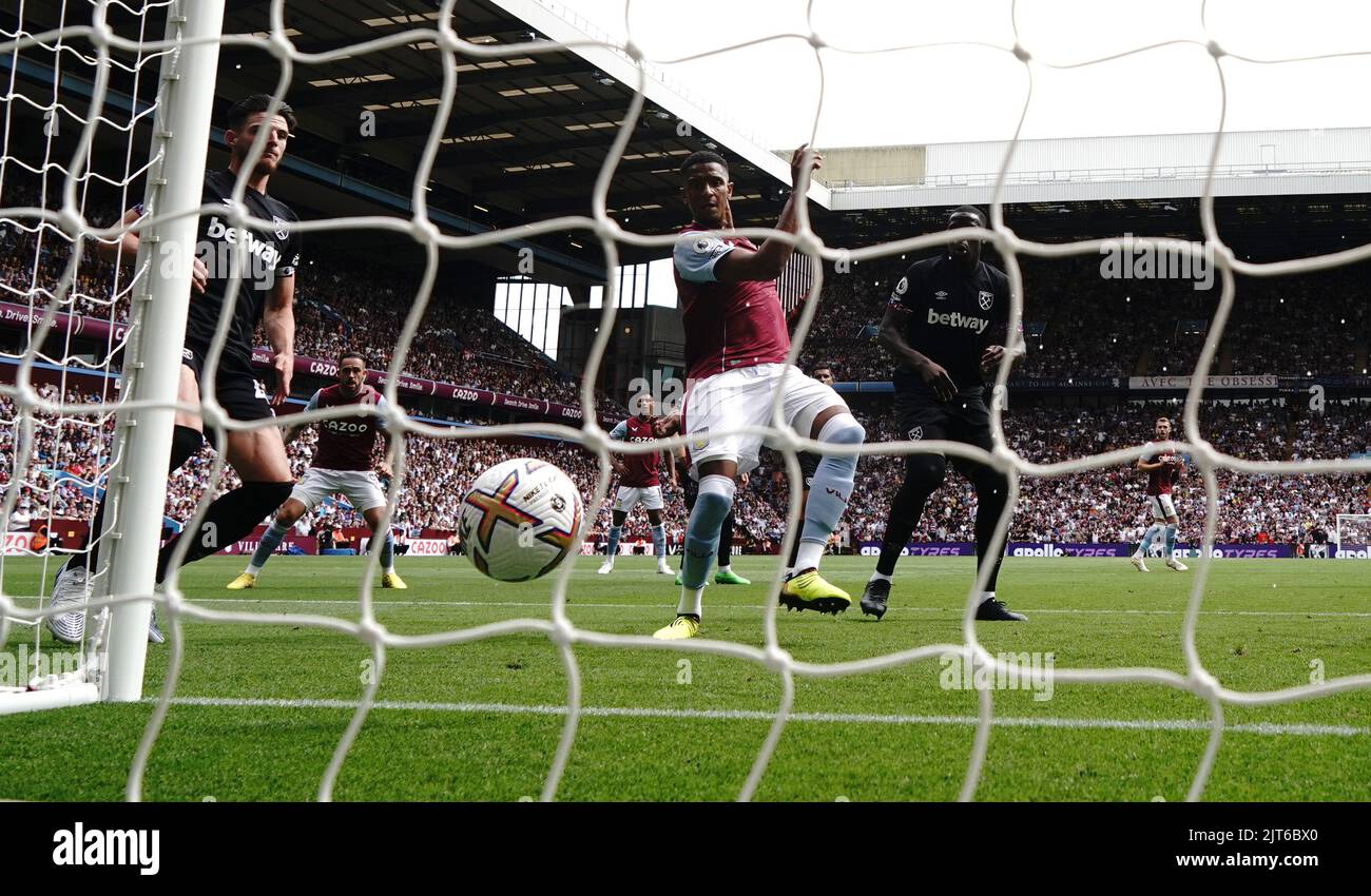 Aston Villa's Ezri Konsa has a goal disallowed during the Premier ...