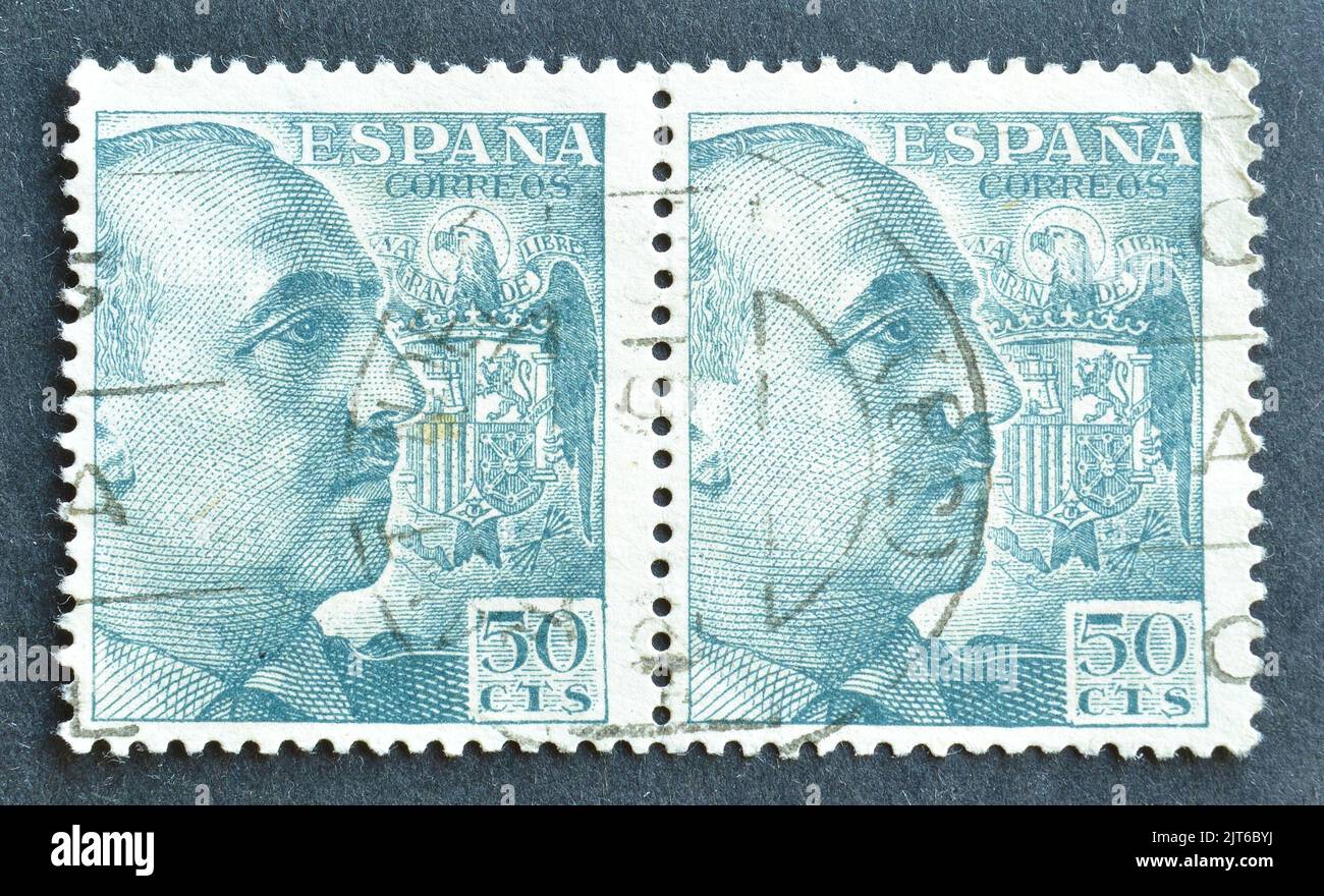 Cancelled postage stamp printed by Spain, that shows General Franco ...