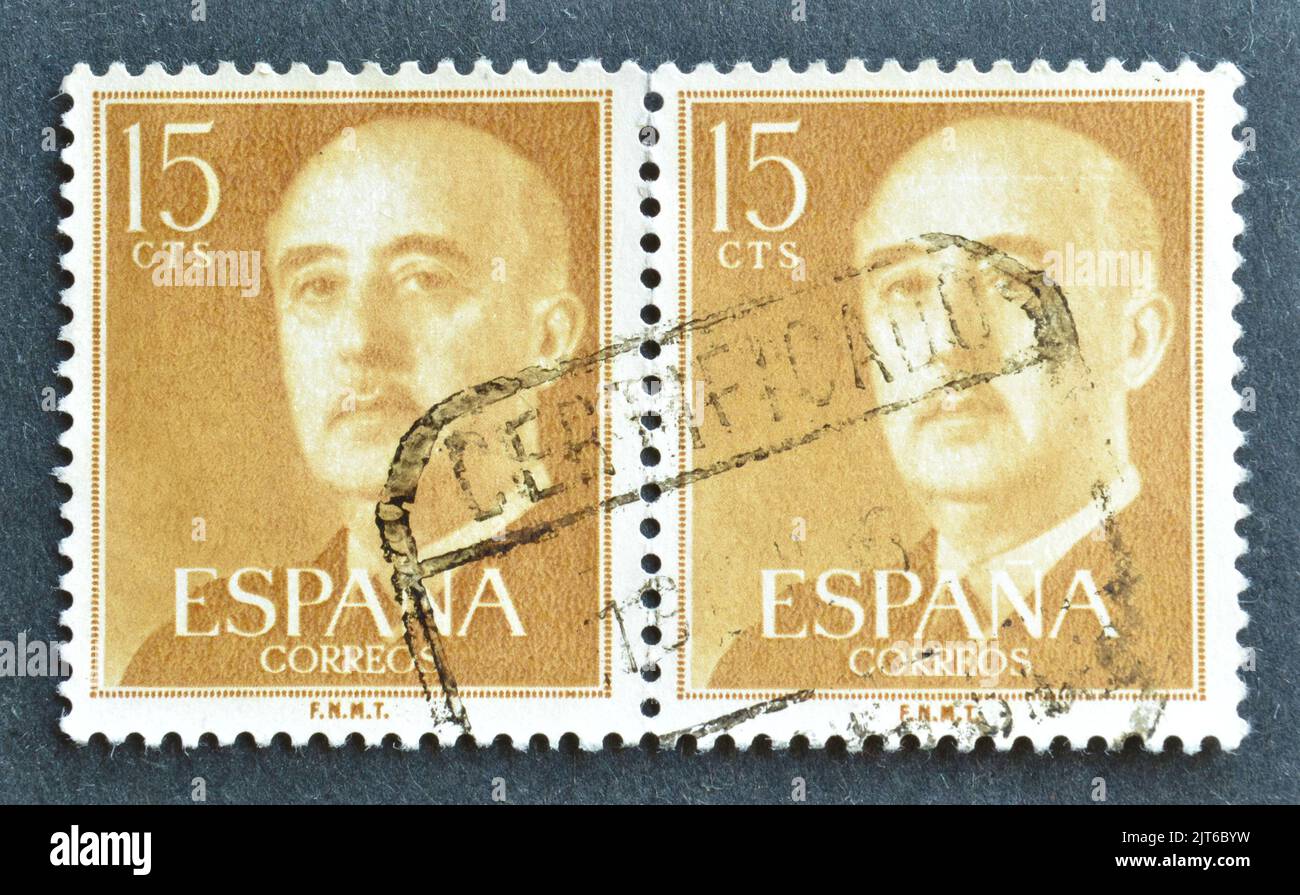 Cancelled postage stamp printed by Spain shows General Francisco Franco ...