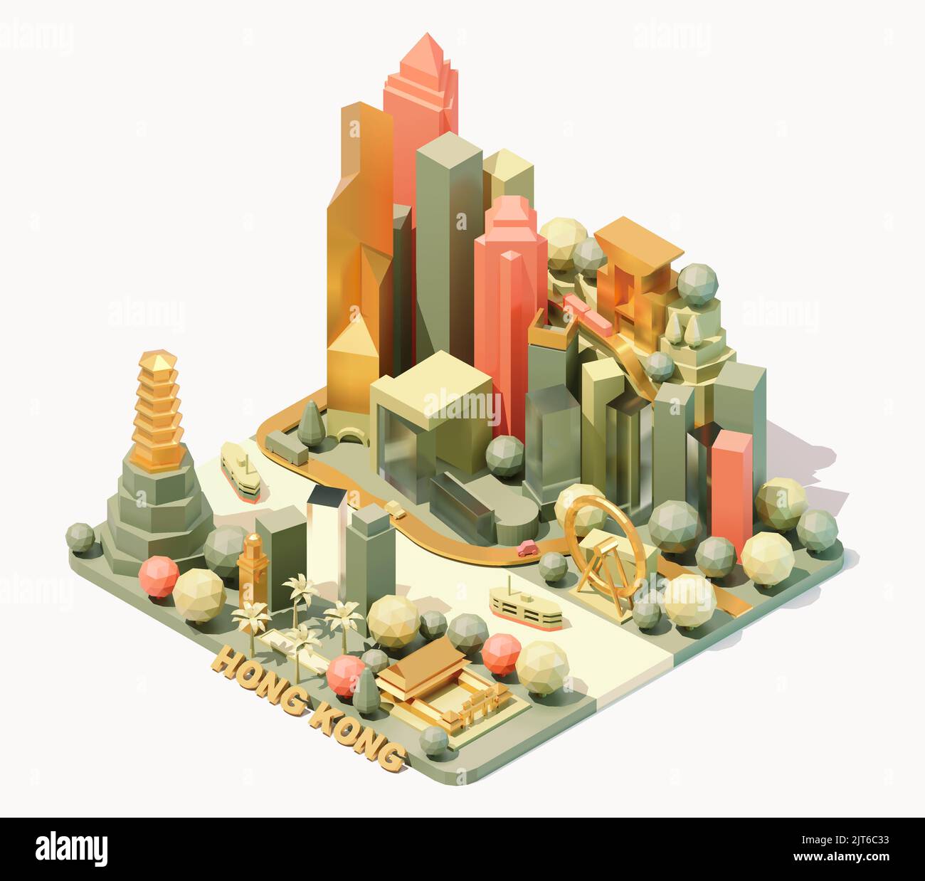 Vector isometric Hong Kong skyline, China. Low poly illustration. Fictional isometric map. Hong ...