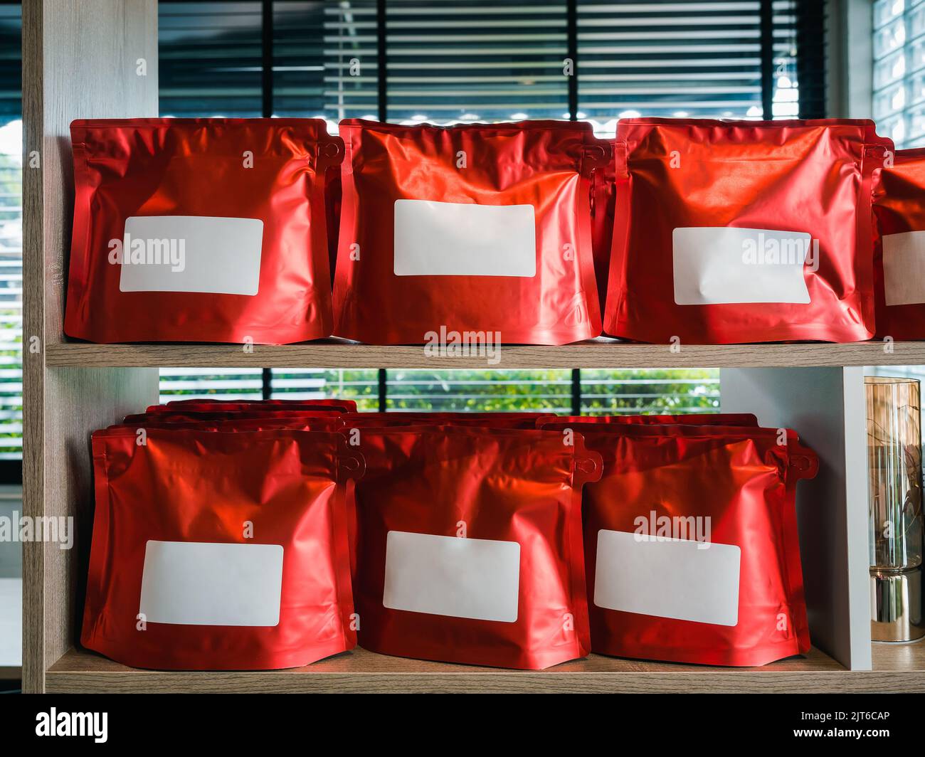 Empty blank white label of modern red coffee bag packaging. Mockup ...