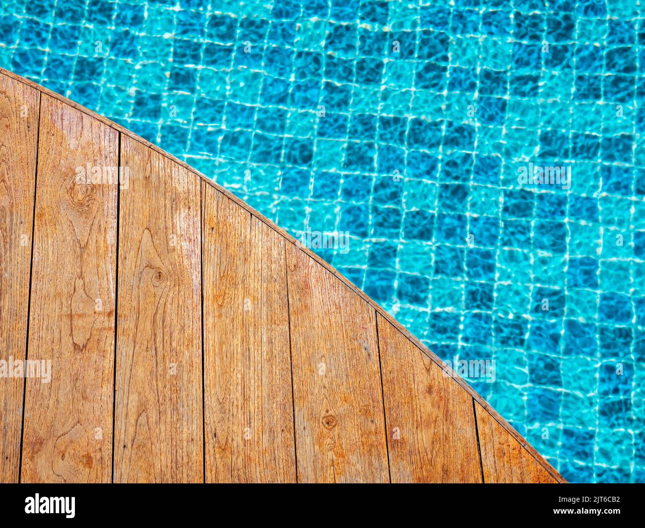 Top view of empty wooden plank table or deck floor curved shape in ...