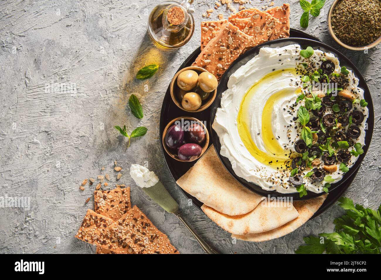 Arabic Cuisine: Middle Eastern delicious dip "Labneh". Cream cheese dip ...