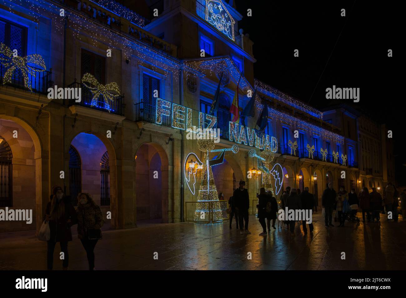 The city of Oviedo with the traditional Christmas lights at night in ...