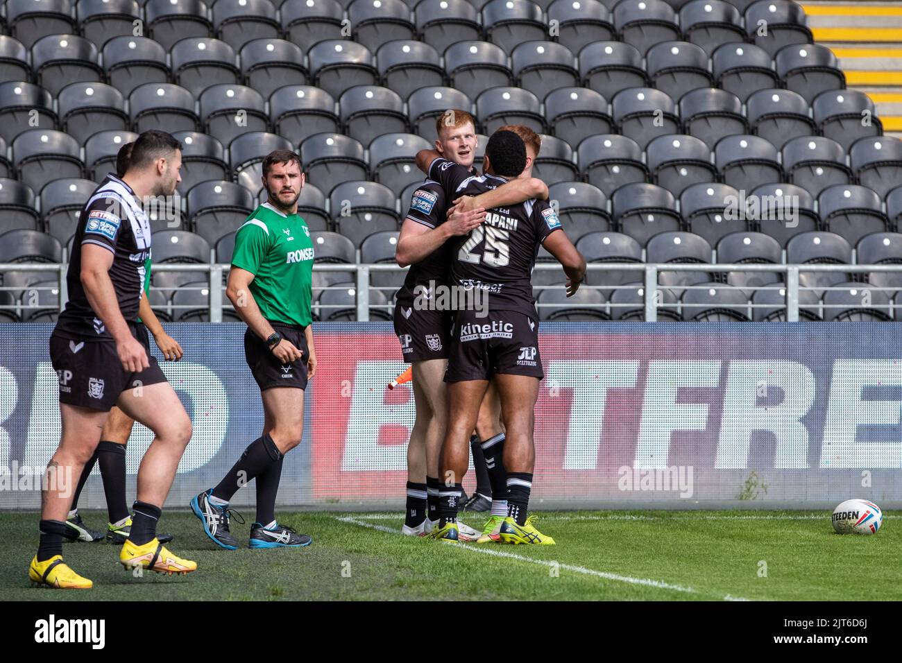 Harvey Barron #32 of Hull FC celebrates his try and makes the score 4-0 ...