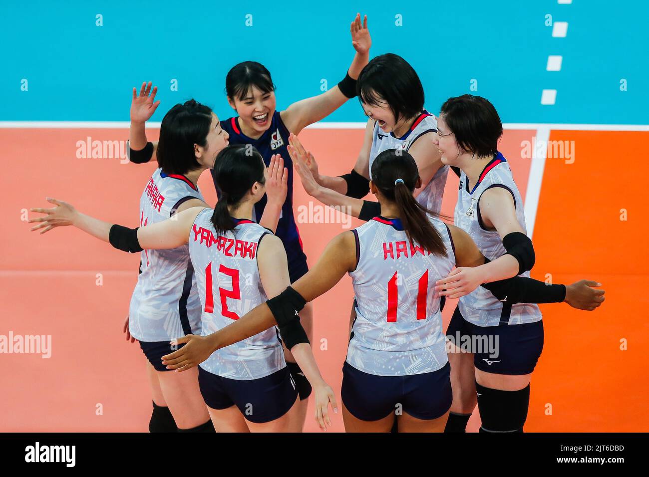Pasig City, Philippines. 28th Aug, 2022. Players of Japan celebrate after scoring a point during ...