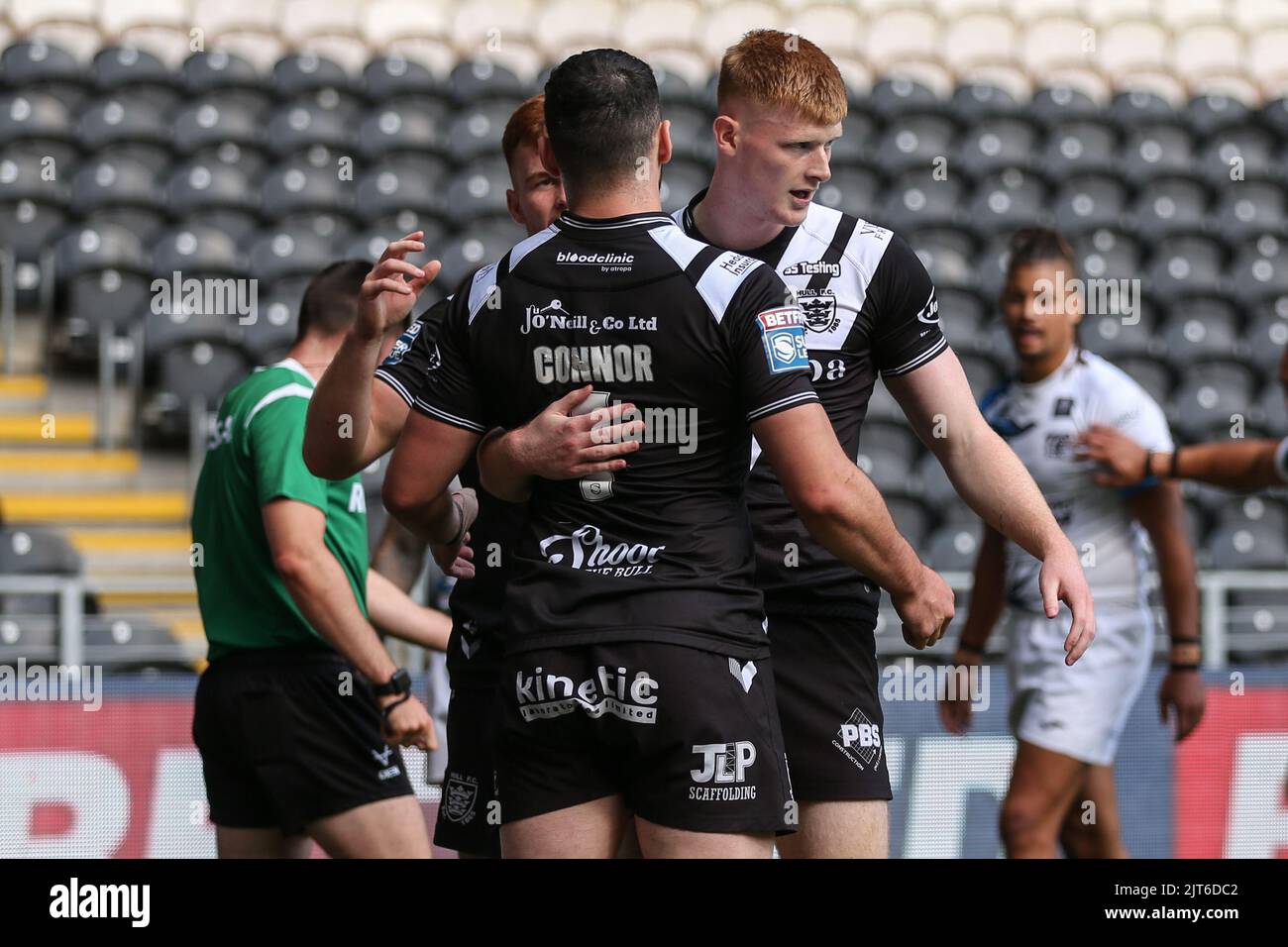Harvey Barron #32 of Hull FC celebrates his try to make it 4-0 in , on ...