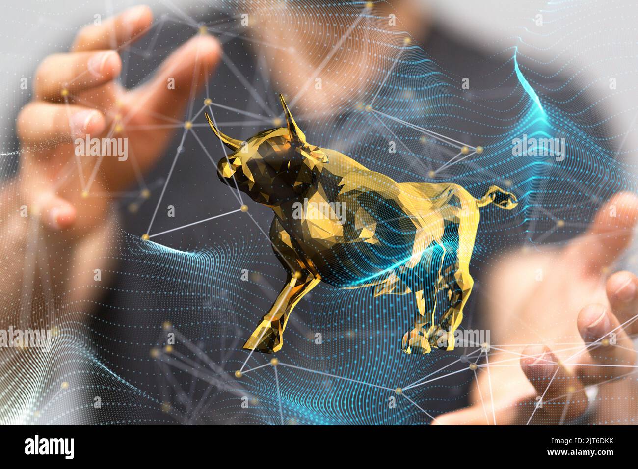 A blurred shot of a man touching 3d rendered diagram of a golden ...