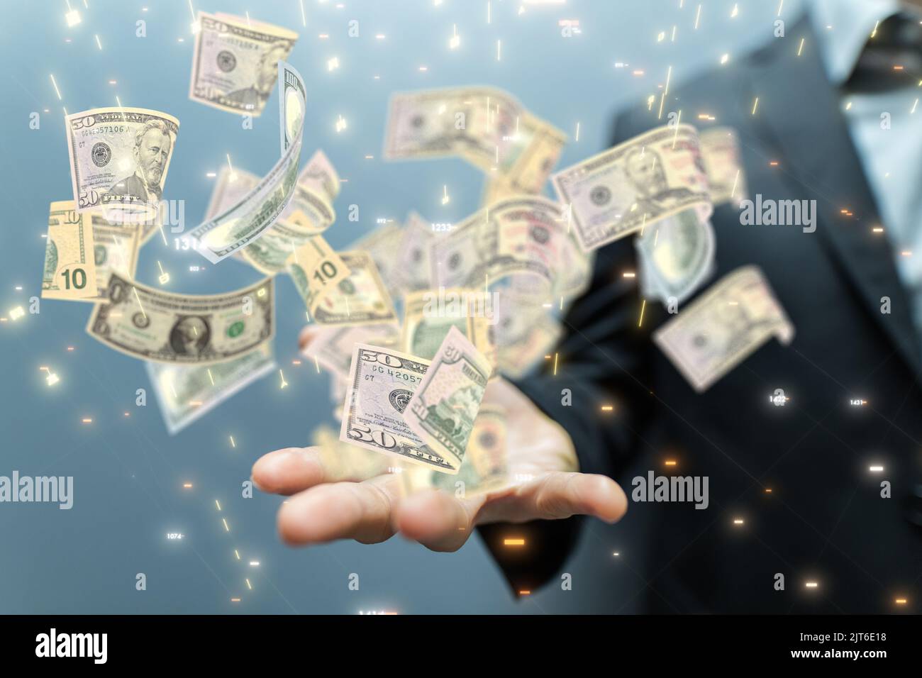A 3D rendered flying dollar banknotes in the man's palm, concept of ...