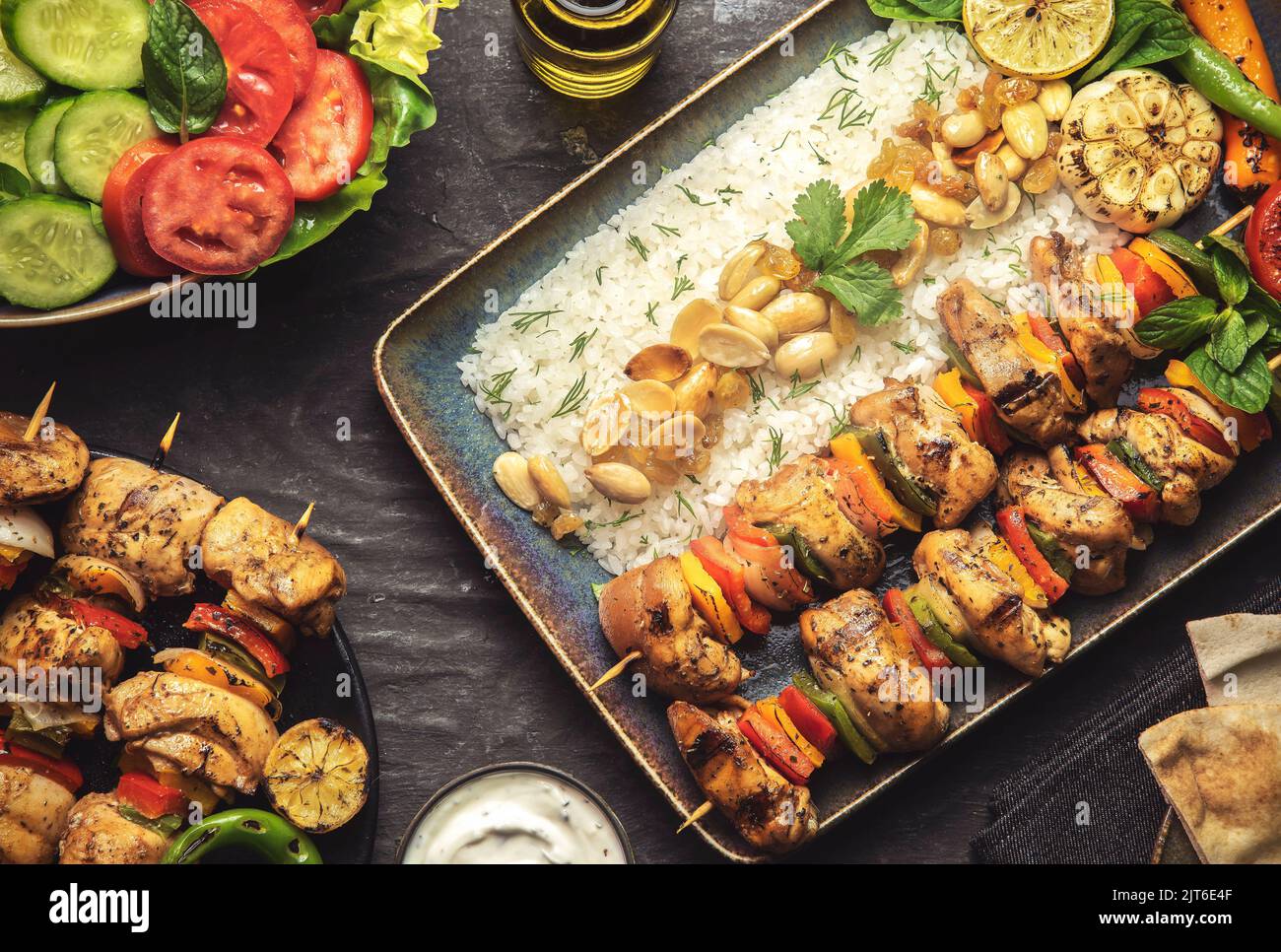 Arabic cuisine; Traditional Chicken Shish Kebabs or Shish Tawook ...