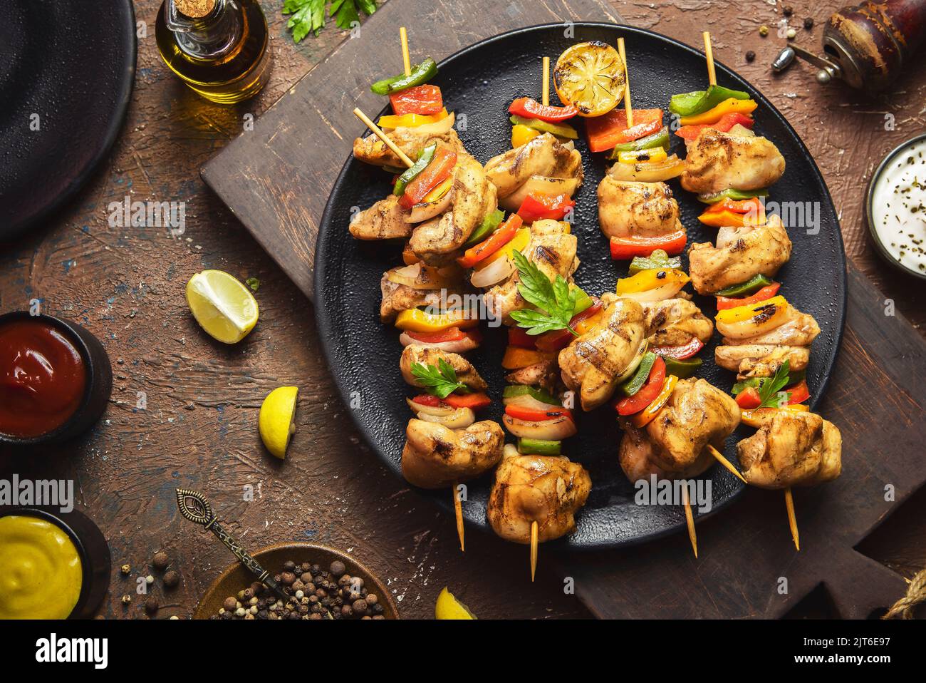 Arabic cuisine; Traditional Chicken Shish Kebabs or Shish Tawook ...